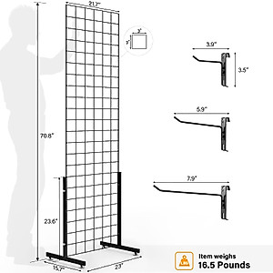 Bonnlo 2' x 6' Standing Grid Panel Tower, Thicker 5mm Wire, 180 LBS Weight Capacity Grid Wall with T-Legs, Grid Rack for Retail Display with Extra Hooks (1)