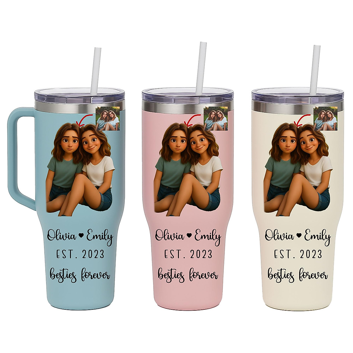Custom Photo 3d Cartoon Tumbler 40 Oz For Besties, Upload Your Image, Customize Name Date, Gift For Bestfriend, Friend, Class Mate, Sister, Birthday, Lid And Straw, Coffee Mug With Handle