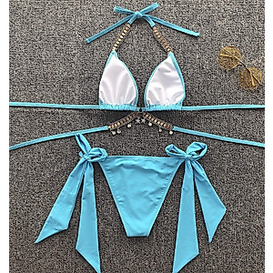 BIKINX Women's Sexy Thong Bikini Diamond Tie Side Bottom Blue Triangle Bikini Halter Swimsuits