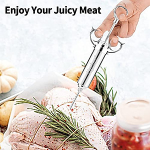 Meat Injector Syringe 2-oz Marinade Flavor Barrel 304 Stainless Steel with 3 Marinade Needles for BBQ Grill Smoker, Turkey, Fish, Brisket, Paper Silicone Brush and Instruction Included by Kendane