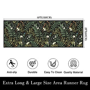 Black Green Runner Rug for Hallway 2x6,Botanical Print Runner Rug for Entryway,Plant Leaf Printed Area Rugs Non-Slip Throw Floor Carpet for Bedroom Entrance Door Mat Washable Kitchen Rug Runners