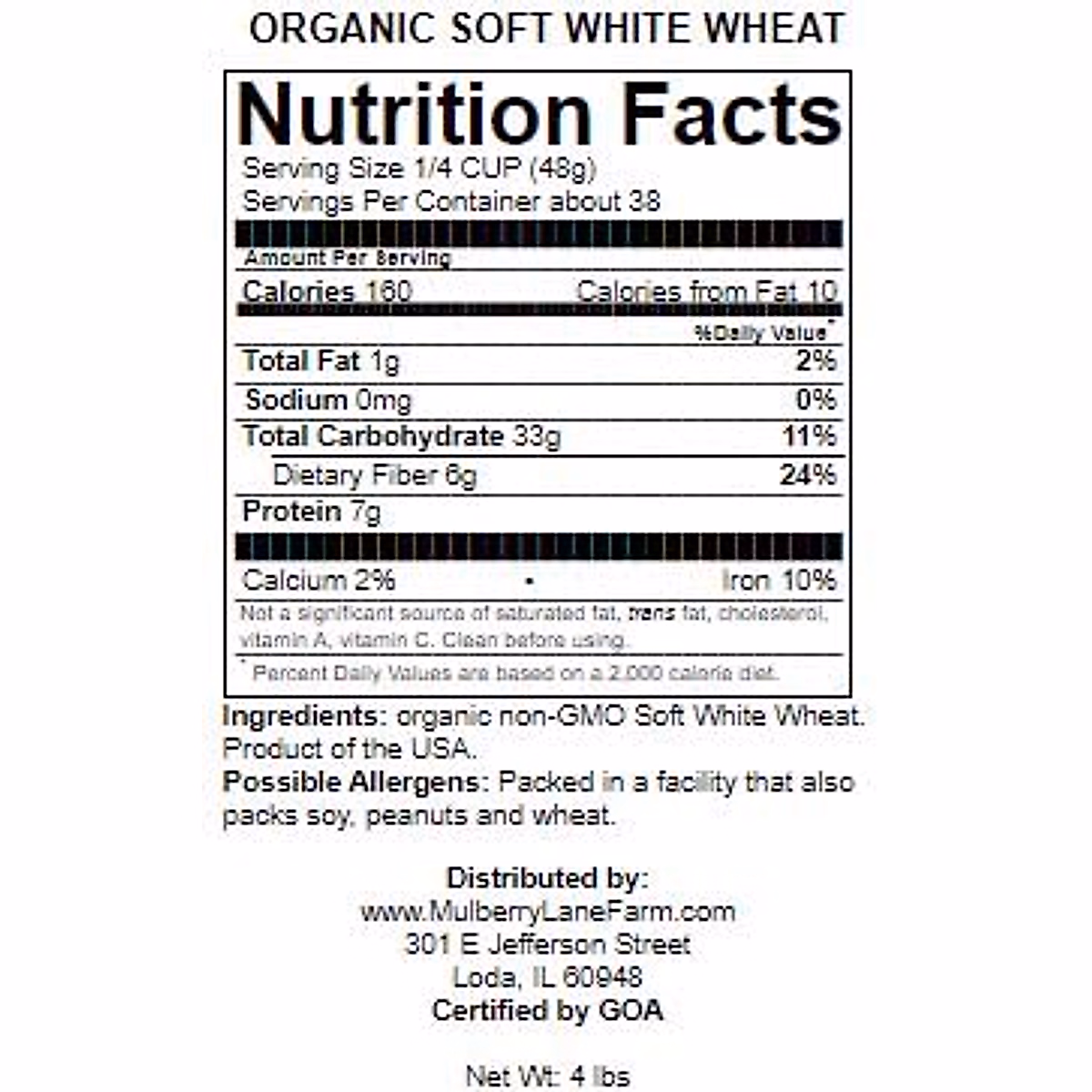 Soft White Wheat Berries 4 Pounds Kernels, USDA Certified Organic, Non-GMO Bulk, Product of USA, Mulberry Lane Farms