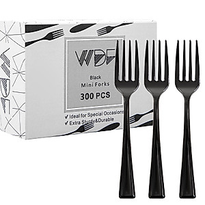 WDF 300 Pieces Black Plastic Mini Forks-4inches Black Plastic Forks-Heavy Duty Plastic Tasting Forks-Perfect for Small Appetizers and Desserts