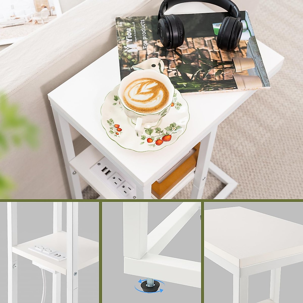 Yoobure C Shaped End Table with Charging Station, Small Side Tables for Living Room Bedroom, Sofa Table with USB Ports and Outlets for Small Spaces, Couch Table Rustic Snack Table Bed Side Table