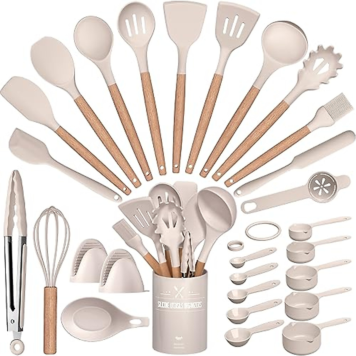 28 Pcs Silicone Cooking Utensils Kitchen Utensil Set - 446°F Heat Resistant, Turner Tongs, Spatula, Spoon, Brush, Whisk, Wooden Handle, Kitchen Gadgets with Holder for Nonstick Cookware (Khaki)