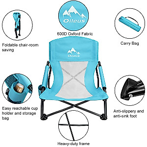 Oileus Low Beach Chair for Beach Tent/Shelter/Camping/Outdoor Ultralight Backpacking Folding Recliner Chairs with Cup Holder/Storage Bag, Carry Bag, Breeze Mesh Back, Compact Duty 2 Pcs