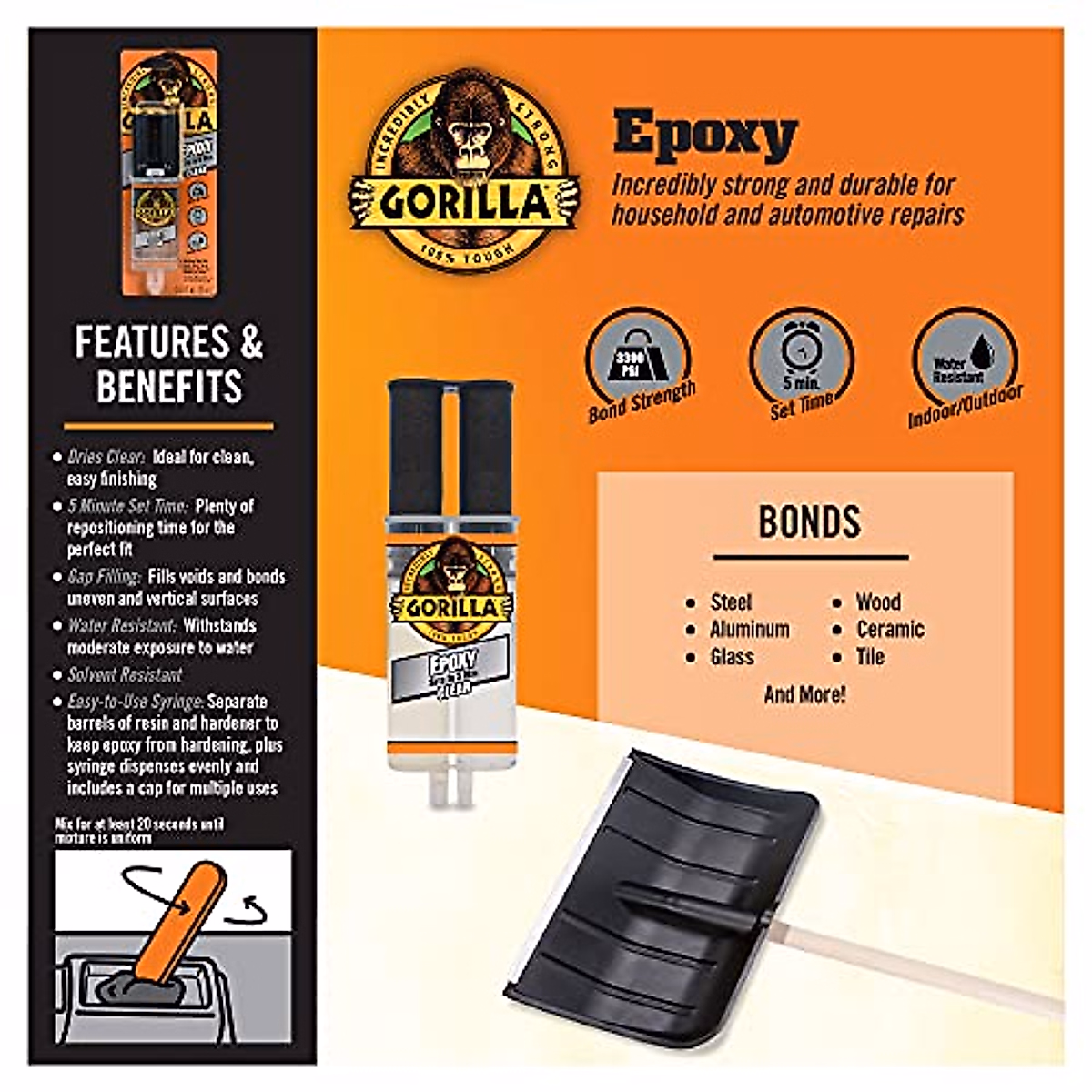 Gorilla 2 Part Epoxy, Clear Epoxy, 0.85 Ounce Syringe (Pack of 1) - 5 Minute Set, Incredibly Strong Bonding