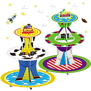 2 Set 3-Tier Story Cupcake Stand Cartoon Story Birthday Party Supplies Cartoon Cupcake Holder Cardboard Cupcake Dessert Tower Story Baby Shower Party Decorations Favors for Kids