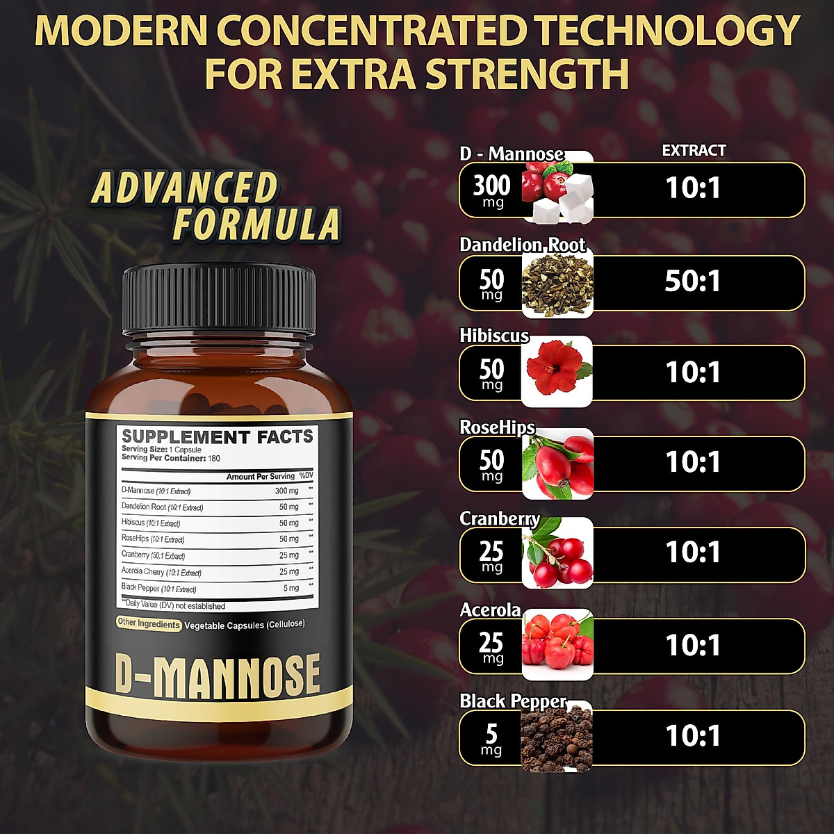 agobi 7in1 D-Mannose Capsules Blended Cranberry, Dandelion, Hibiscus, Rosehips & More - Equivalent 6050mg - Support Flush Impurities and Urinary Tract Health - 180 Count 6-Month Supply