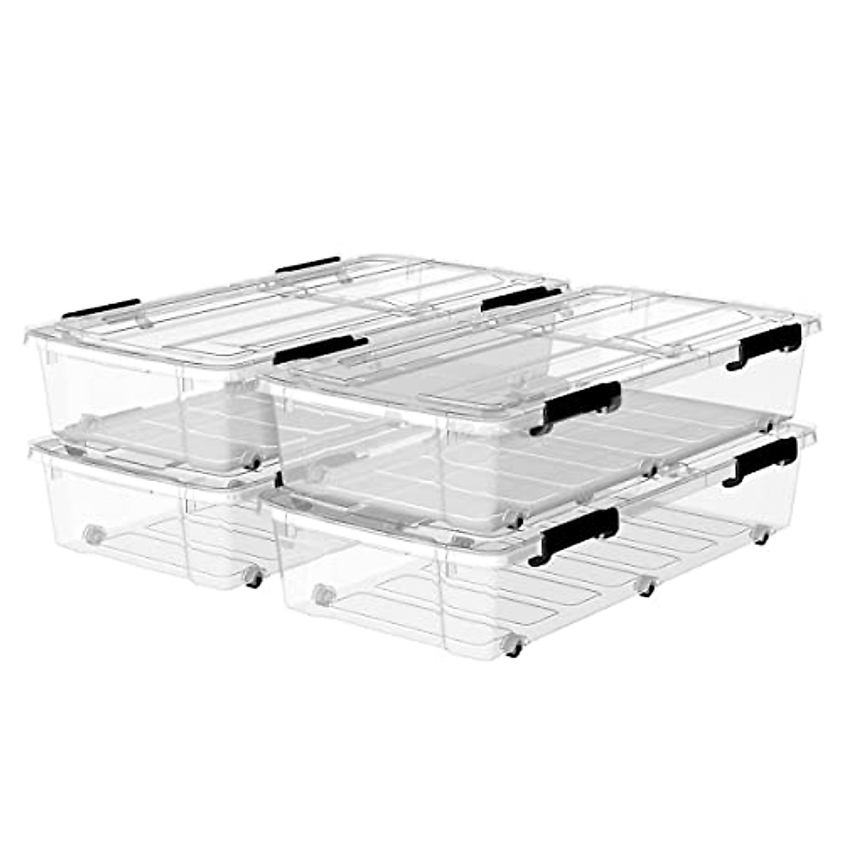 Cetomo Set of 50L*4 Under Bed Storage Container with Lids Storage Container With Durable Buckles Multipurpose Container Chest Wheeled With Lids (C0152*4)