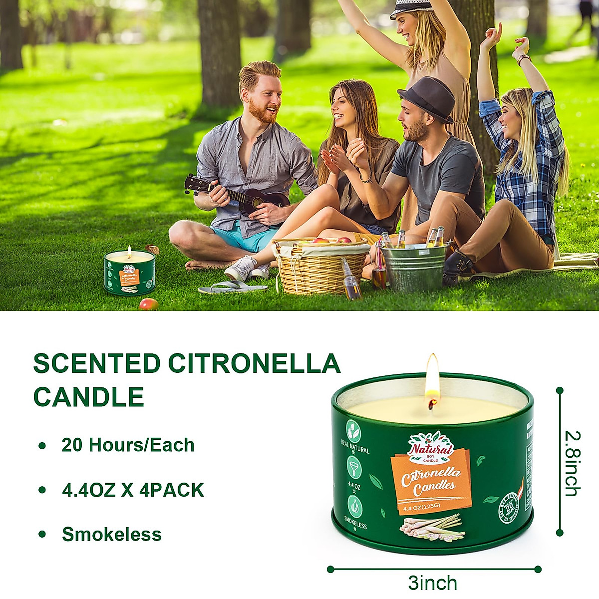 Citronella Candles Outdoor, 4 * 4.4 oz Natural Soy Wax Bulk Summer Candles for Patio Yard Home, 100 Hours Long Lasting Burning Outdoor Candles for Garden Balcony Party Hiking Camping Patio BBQ
