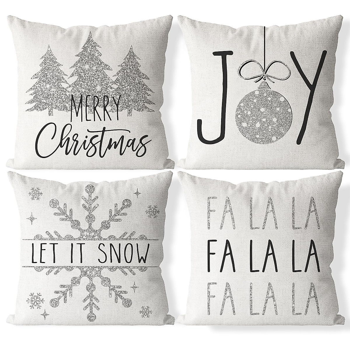 AOFANGGO Christmas Pillow Covers 18x18 Set of 4 Silver Glitter Holiday Decorations White Xmas Throw Pillows Cushion Covers for Bed Chair Sofa Couch