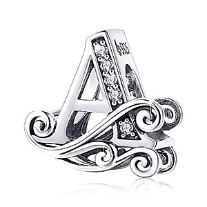 BISAER 925 Sterling Silver Initial Letter A Charms for Bracelets Alphabet Beads Charm Jewelry Gifts