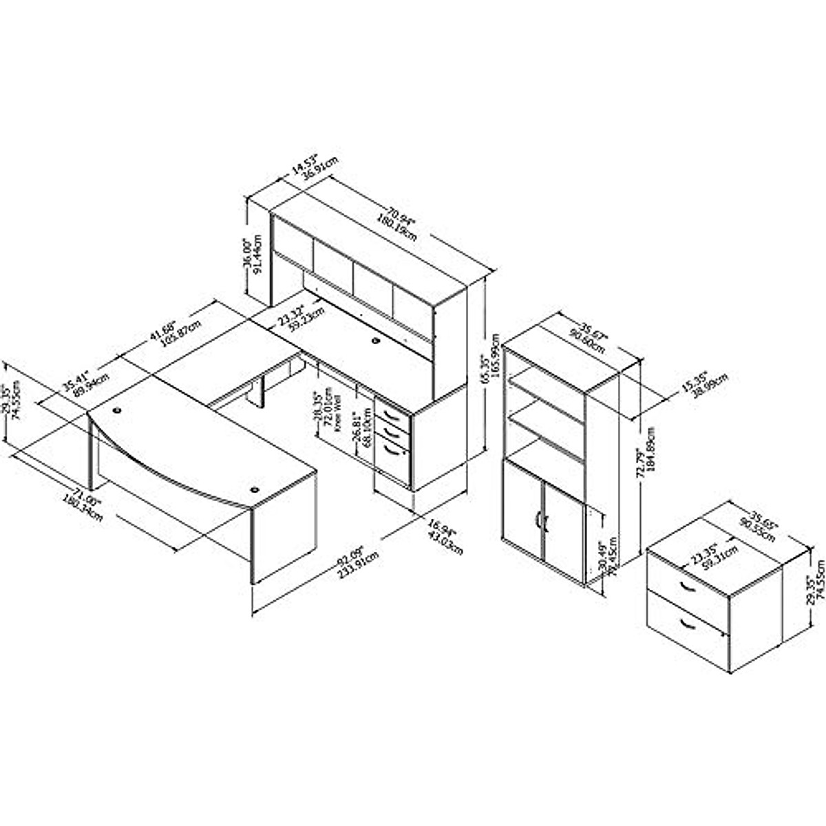 Studio C 72W x 36D U Shaped Desk with Hutch, Bookcase and File Cabinets in Storm Gray