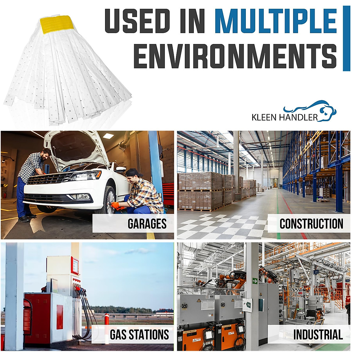 KLEEN HANDLER Mop Head Replacement 6-Pack Hydrophobic Industrial Mop for Oils and Spills – Heavy-Duty Mop for Industrial, Commercial, Janitorial Cleaning – Non-Woven Oil-Absorbent Material