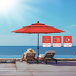 GREEN PARTY 10ft Outdoor Patio Umbrella, [Auto-Tilting] 3 Tiers Market Table Umbrellas with 1.5" Pole, 8 Sturdy Ribs, 3-Year-Non-Fading for Garden Deck Pool Backyard, Orange Red