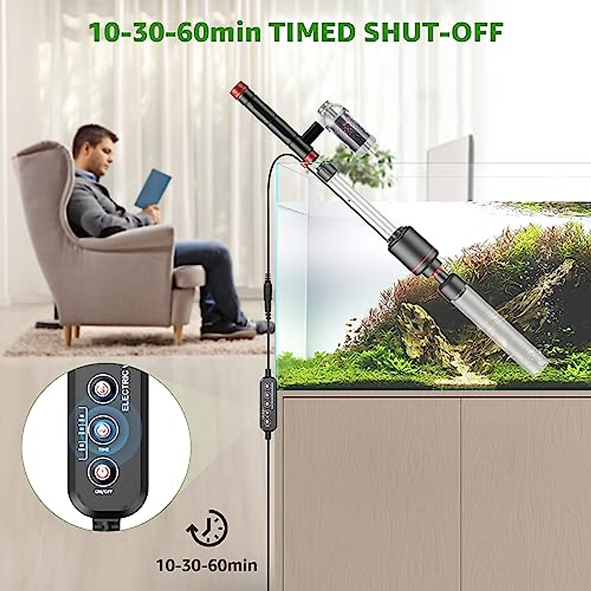 Suness Fish Tank Cleaner Vacuum: 24W Electric Aquarium Vacuum Gravel Cleaner with Strong Suction for Automatic Water Change Wash Sand Water Shower and Water Circulation, Timed Off