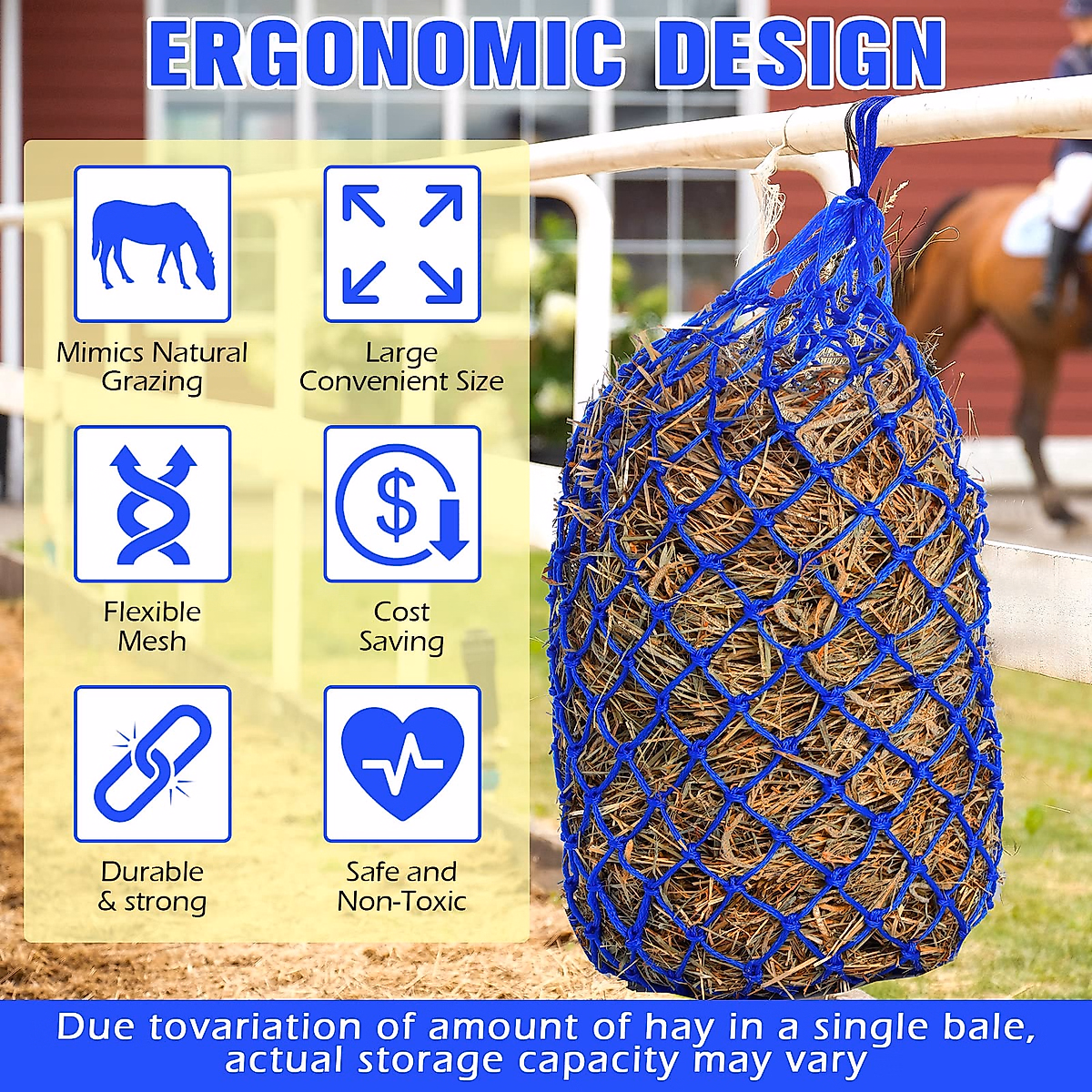 Nuenen 4 Pcs Slow Feed Hay Bag 40 Inch Hay Nets for Horses Hanging Hay Feeder for Goats 2 x 2 Inch Mesh Holes Horse Hay Bag Horse Feeding Supplies for Trailer and Stall, Simulates Grazing (Blue)