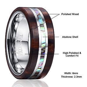 Vakki Unisex Tungsten Carbide Promise Rings for Him Wood and Abalone Shell Inlay Wedding Band Comfort Fit Size 10.5