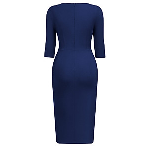 AISIZE Women's Classic V Neck 3/4 Sleeve Work Business Dress Navy Blue