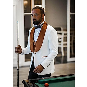 Wangyue Men's 3 Piece Suit Slim Fit Jacquard Tuxedo One Button Shawl Collar Velvet Suits Double Breasted Suits White-Dark Green Size 34