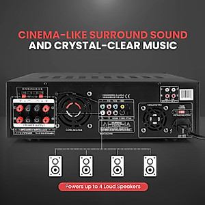 Pyle 4-Channel Wireless Bluetooth Power Amplifier - 1000W Stereo Speaker Home Audio Receiver w/FM Radio, USB, Headphone, 2 Microphone w/Echo, Front Loading CD DVD Player, LED, Rack Mount, Black
