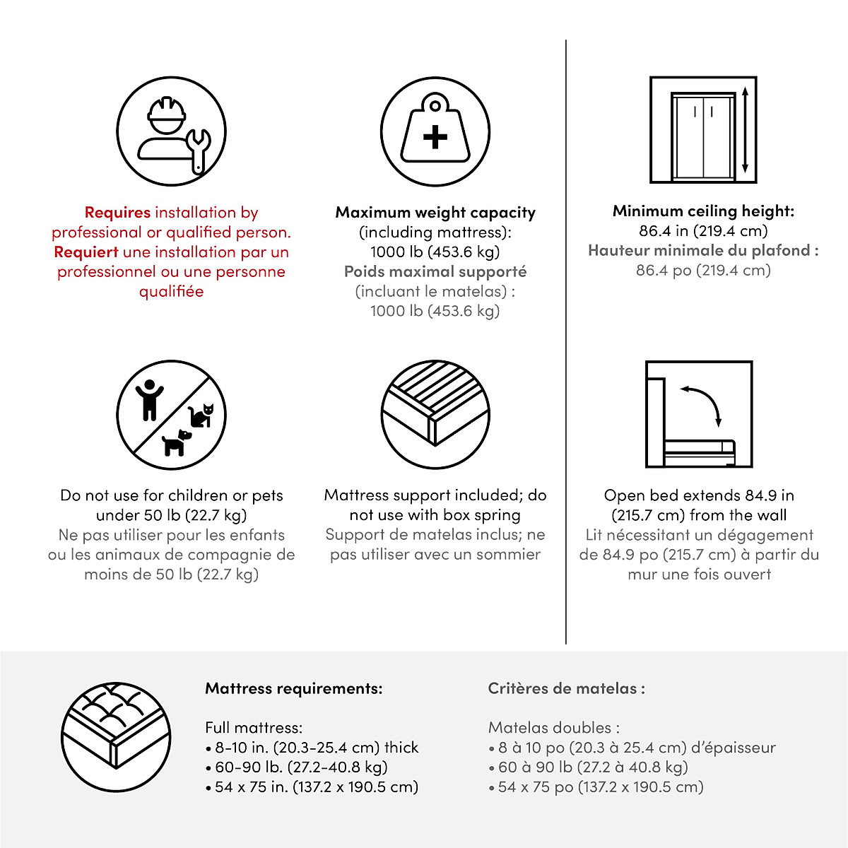 Bestar Pur Full Murphy Bed, 59-inch Space-Saving Sleeping Arrangement for Multipurpose Guest Room or Home Office, Full, Bark Grey