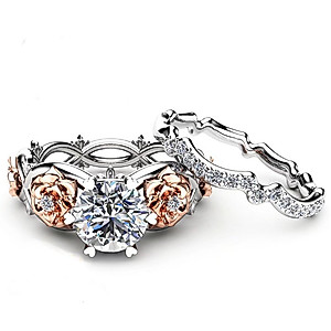FENDINA Women's Gorgeous 2 PCS CZ Vintage Engagement Wedding Ring Set Lotus Flower Rose Gold Plated Two-Tone Bridal Eternity Rings (5)