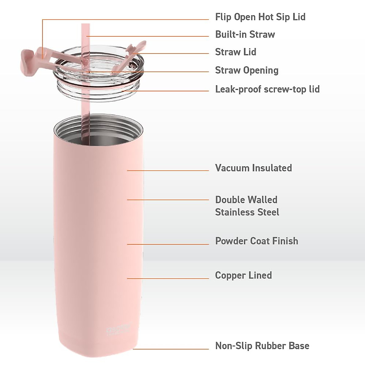 asobu Aqualina Stainless Steel Insulated Water Bottle with Interchangeable Hot and Cold Lid and Built in Straw (Pink)