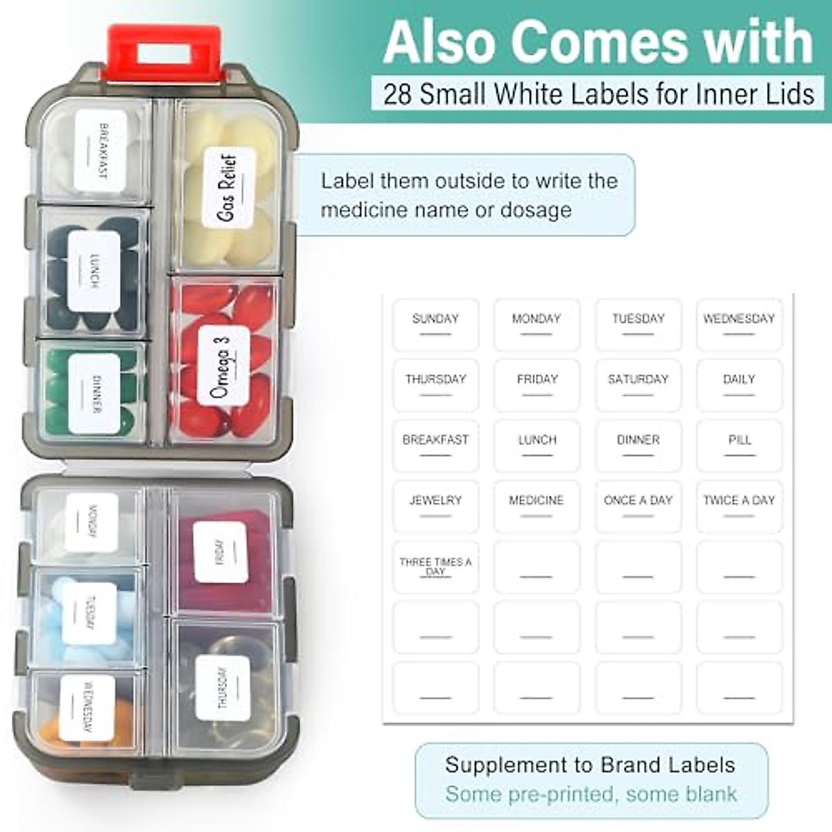 1 Pack Travel Pill Organizer w Labels & 1 Drawstring Pouch, Small 10 Compartments Pocket Pharmacy, Handy Pill Holder Box - Portable Medicine Container Case - Daily Weekly Medication Organizer - Grey