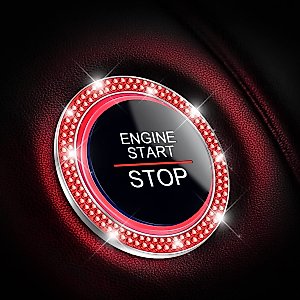 Car Bling Crystal Rhinestone Engine Start Ring Decals, 2 Pack Car Push Start Button Cover/Sticker, Key Ignition Knob Bling Ring, Sparkling Car Interior Accessories for Women (Red)