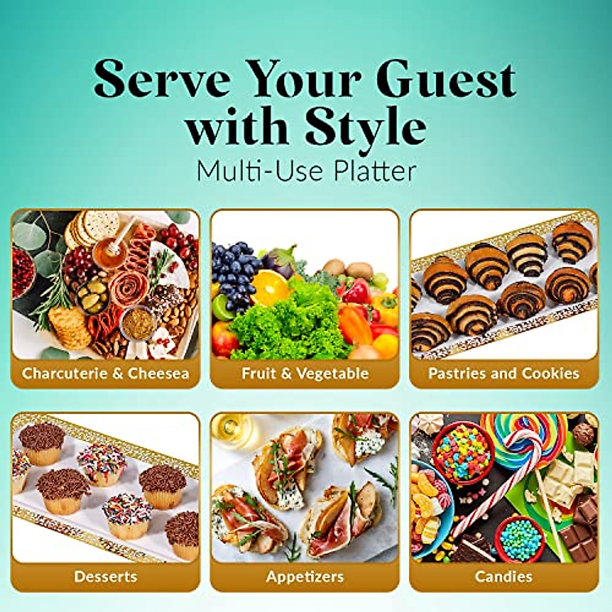 Disposable Serving Trays and Platters Set, Pack of 4 - 7.5 x 14 Inches White Plastic Rectangular Tray with Gold Lace Rim - Decorative Plastic Dessert Trays for Dessert Table, Parties, Weddings