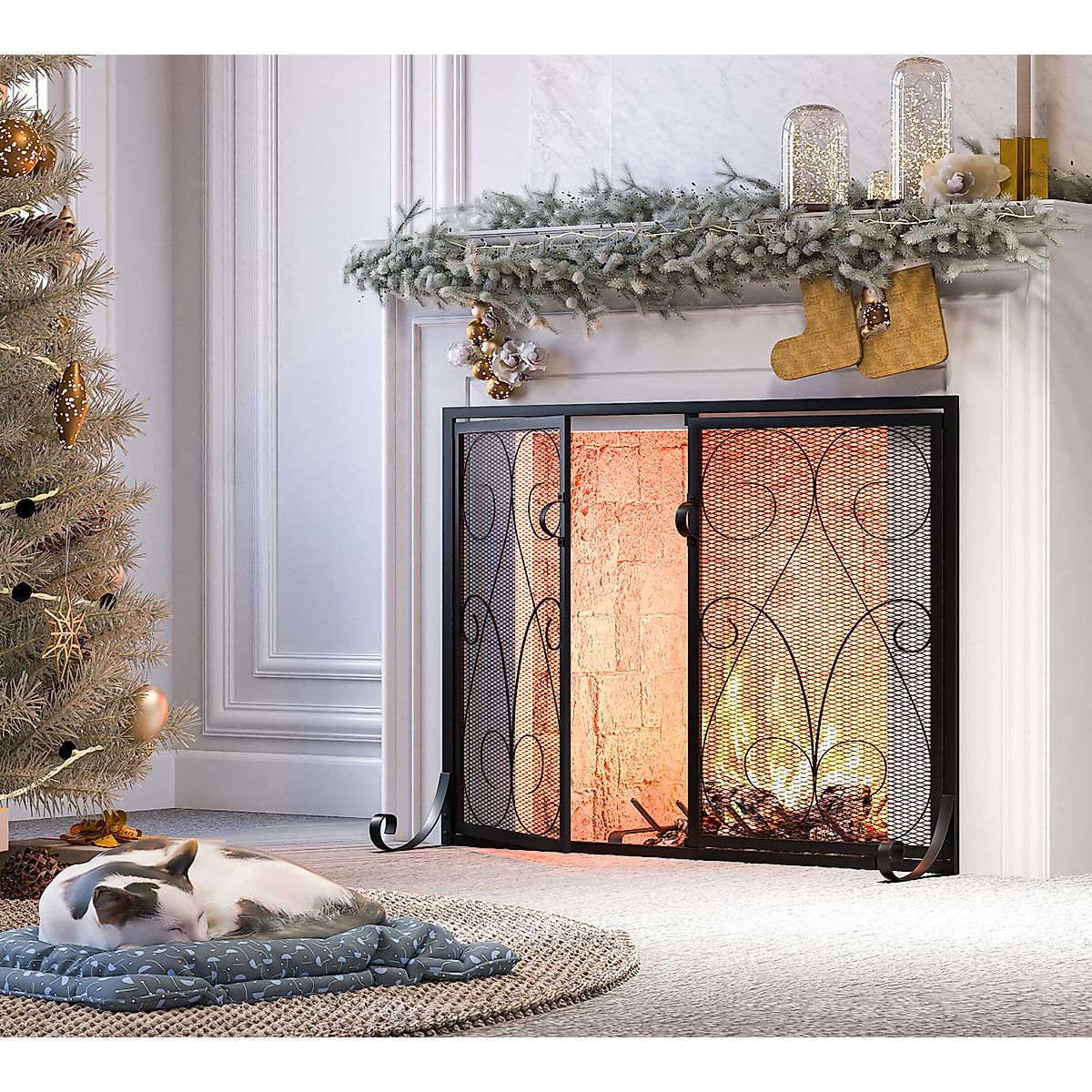 Kingson 2-Panel Fireplace Screen with Doors Handcrafted Wrought Iron Decorative Mesh, Symmetric Scroll Fire Spark Guard-Black