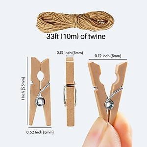 Mini Clothes Pins for Photo, Small Clothespins 200 pcs 1" Natural Wooden Mini Clothes Pins with Jute Twine, Mini Photo Clips Small Clothes Pins for Photos, Crafts, Arts, Cocktails