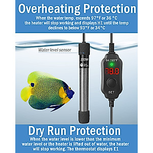 AquaMiracle Adjustable 200W Aquarium Heater Submersible Fish Tank Heater Super Short Aquarium Heater with LED Digital Display Thermostat, for Tanks 20-40 Gallons