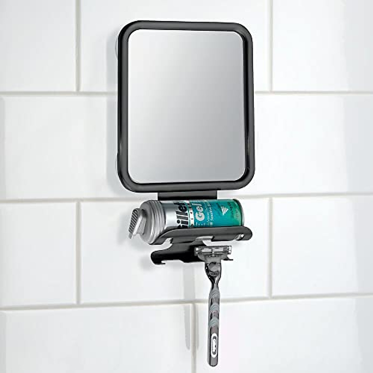 mDesign Large Modern Metal Suction Shaving Mirror Center for Bathroom Showers and Tubs - Holders for Shaving Cream and Razors - Matte Black