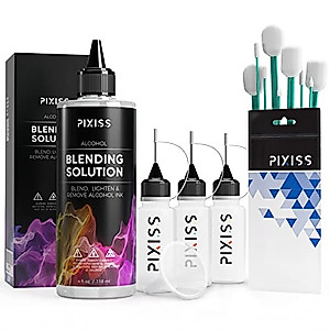 Alcohol Ink Blending Solution (4-Ounce), Pixiss Alcohol Ink Blending Solution Tools, Pixiss Needle Tip Applicator and Refill Bottles and Funnel - Bundle for Yupo Paper and Resin