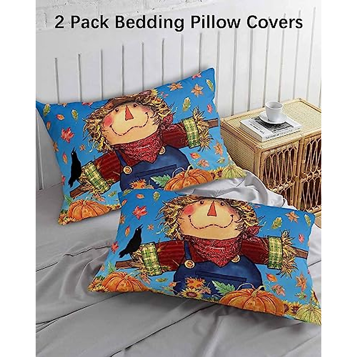 Edwiinsa Fall Scarecrow Pillow Covers King Standard Set of 2 Bed Pillow, Autumn Pumpkin Maple Leaves Blue Plush Soft Comfort for Hair/Skin Cooling Pillowcases with Envelop Closure 20''x36''