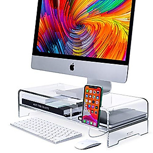 BEYGORM Acrylic Monitor Stand Riser, Wide 20", 2 Tier Computer Stand with Storage, Desk Organizer Desktop Printer Stand Laptop Storage Shelf Screen Holder with Phone Holder(Clear)