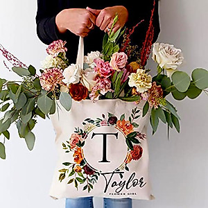 Wedding Canvas Bag Gift for Bridesmaid - Personalized Floral Tote Bags w/Name Text - 8 Designs - Customized Initial Shoulder Bag - Custom Bridal Shower Party Bachelorette Party Gift for Women Girls C1