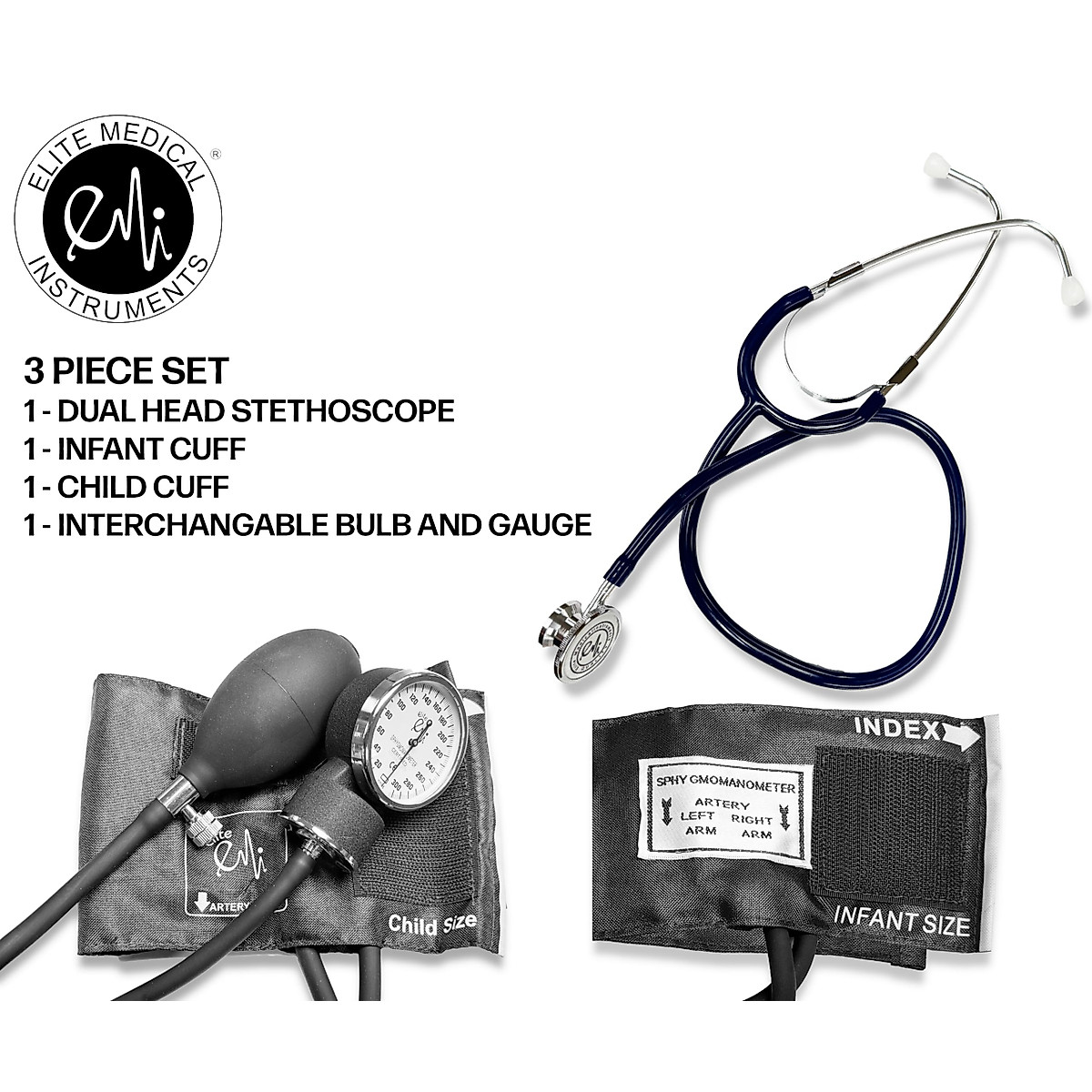 EMI #311 Pediatric 3-Piece Combination Set – Includes Pediatric Aneroid Sphygmomanometer, Infant Aneroid Sphygmomanometer, and Basic Dual Head Stethoscope - Black