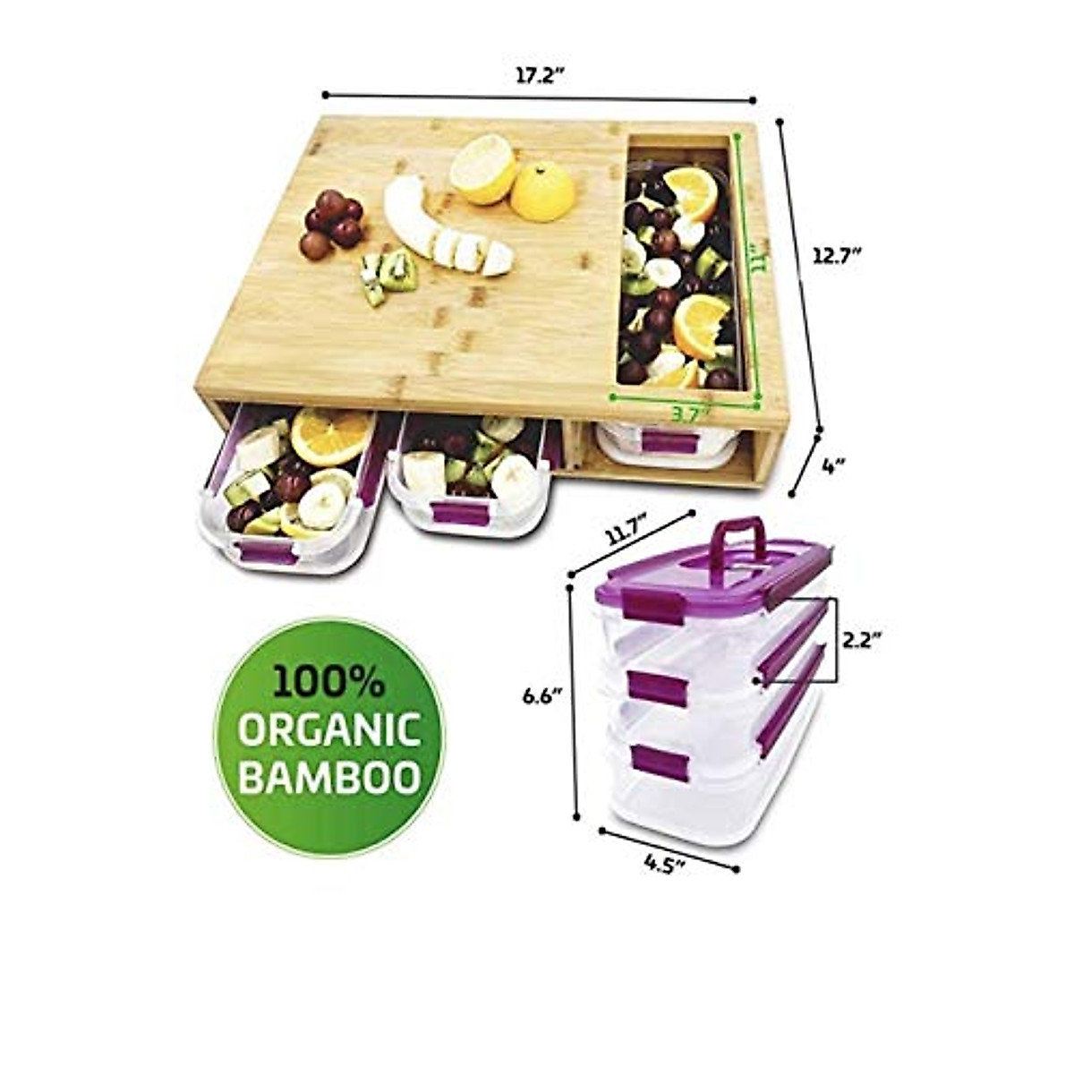 Bamboo Cutting Board with Containers-4 piece set-3 stack able containers with one purple lid-Food storage-Chopping/Dicing/Slicing-Meal Prep Station-Kitchen Essential-Space Saver