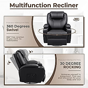 Furniwell Massage Rocker Recliner Chair with Heated Ergonomic Lounge Chair 360° Swivel Rocking Single Sofa for Living Room Adjustable Home Theater Seating with 2 Cup Holders (Black)