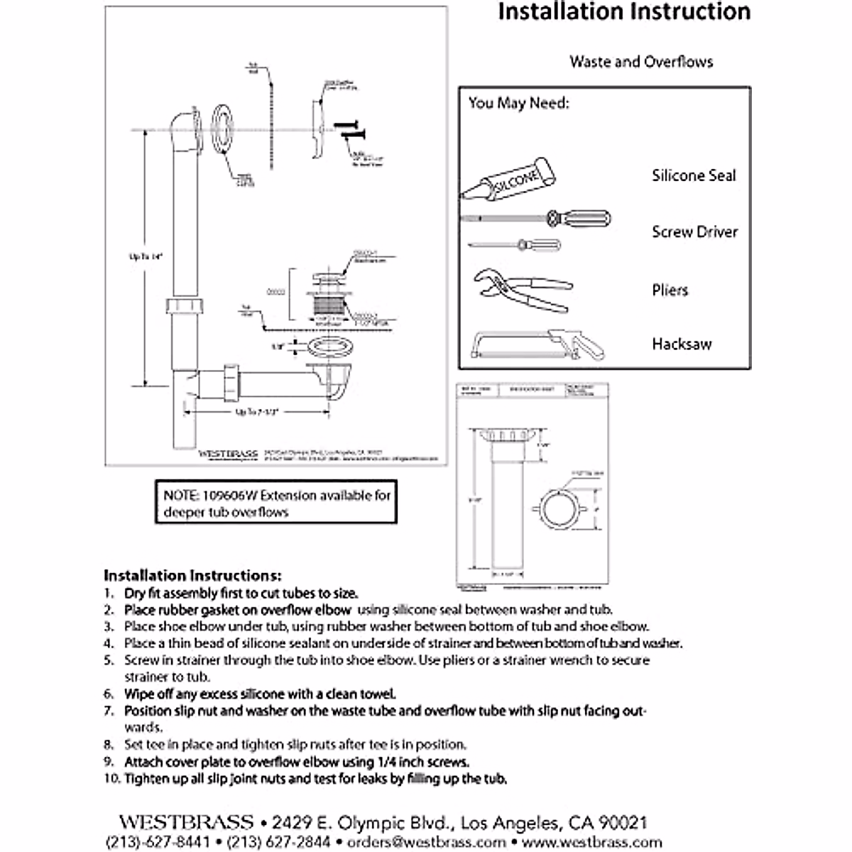 Westbrass 593244-07 14" x 1-1/2" White Tubular Bathtub Waste & Overflow Assembly with Tip-Toe Drain Plug and 2-Hole Faceplate, 1-Pack, Satin Nickel