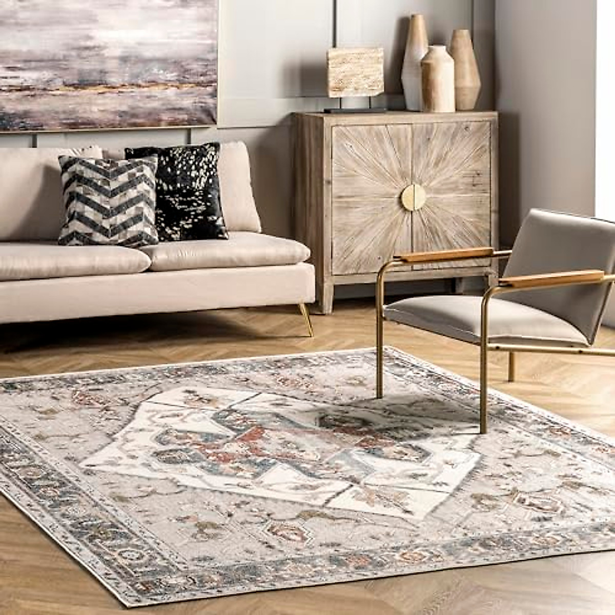 nuLOOM Mali Machine Washable Traditional Medallion Ultra Thin Area Rug, 8' x 10', Ivory