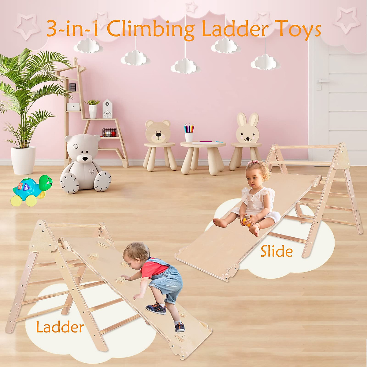 MyHarney 3-in-1 Wooden Climbing Ladder Toys, Climbing Gym Set for Toddlers, Triangle Toddler Boys & Girls Climber Toys with Ramp, Toddler Slide Ladder for Home Indoor Playground 2-6yrs Old