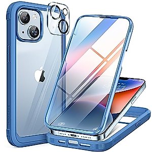 Miracase Glass Series Designed for iPhone 14 Phone Case 6.1 inch, 2023 Upgrade Full-Body Clear Bumper Case with Built-in 9H Tempered Glass Screen Protector and Camera Lens Protector,Blue