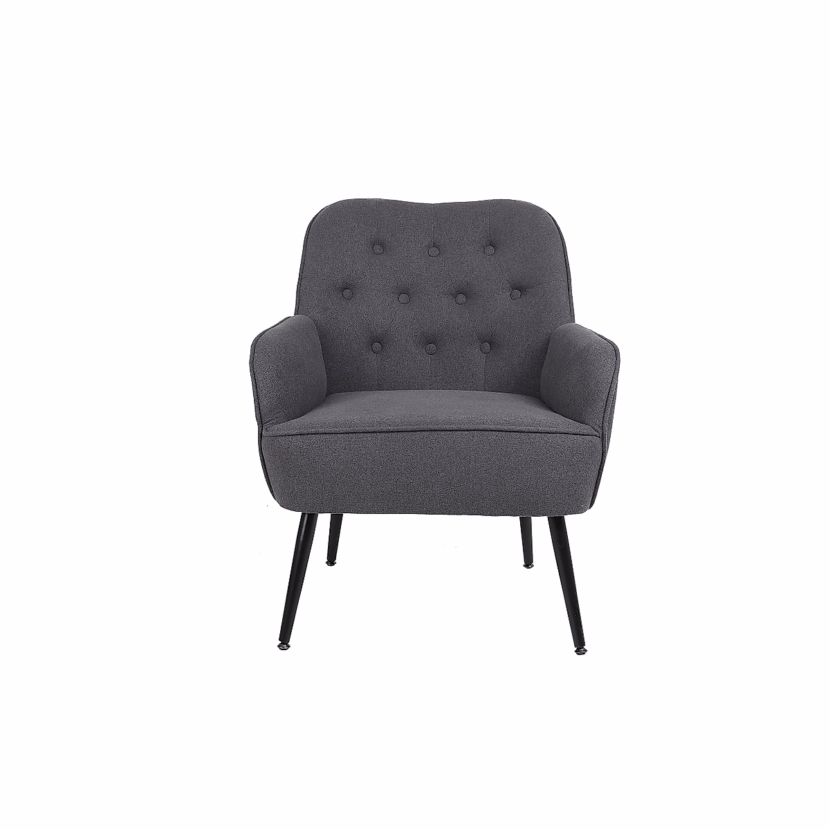 Mid Century Modern Accent Chair Button-Tufted Upholstered Comfy Chair with Linen Fabric Lounge Arm Chairs with Black Metal Legs for Living Room Bedroom (Dark Gray)