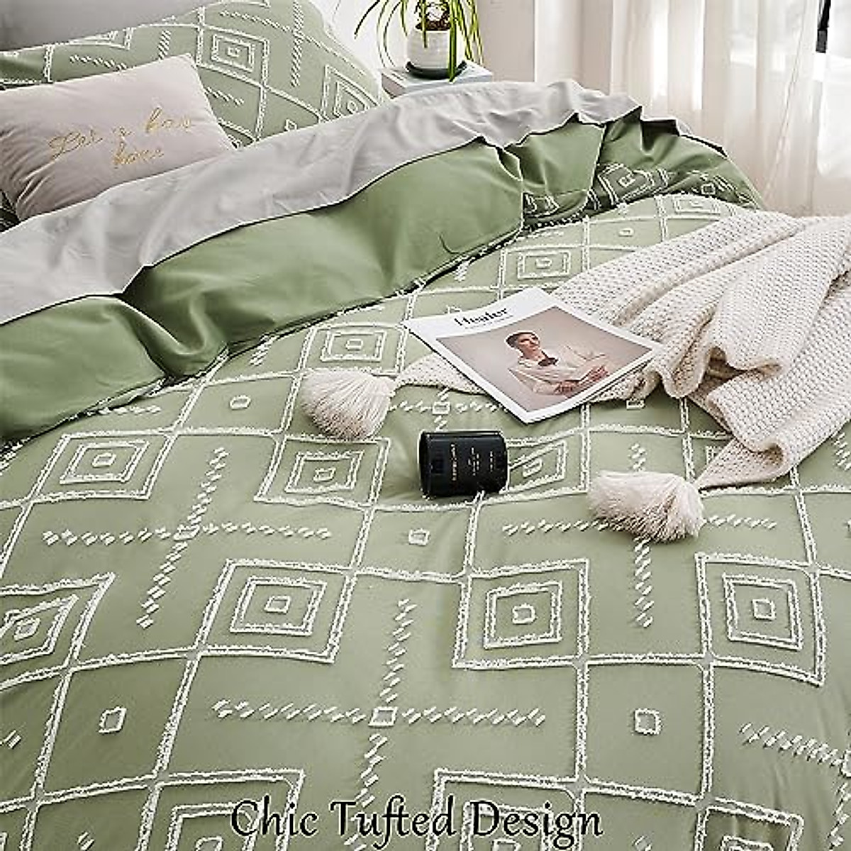 Senville Tufted Duvet Cover Queen Size,Jacquard Geometric Pattern,Soft Lightweight Green Duvet Covers Set for All Seasons,3 Pieces Boho Shabby Chic Bedding Set with Zipper Closure(Green,Queen)