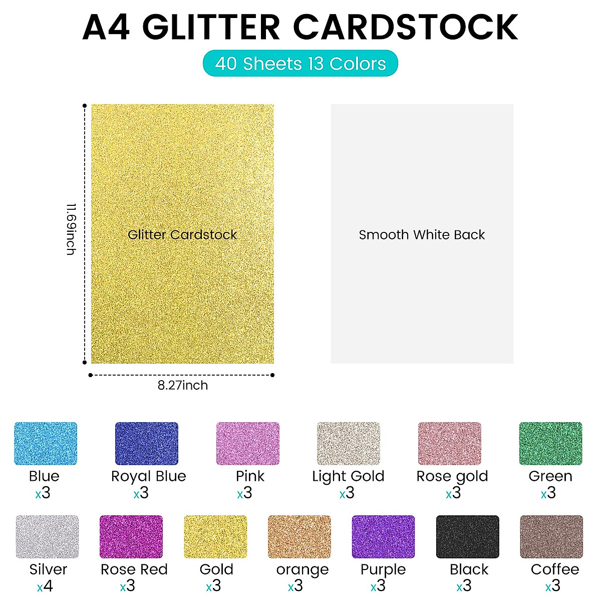 HTVRONT Glitter Cardstock Paper - 40 Sheets 13 Colors Glitter Card Stock, 110lb Cover A4 Thick Cardstock Glitter Paper for Craft, Birthday, Scrapbook, Wedding, Sparkly Paper, Card Making